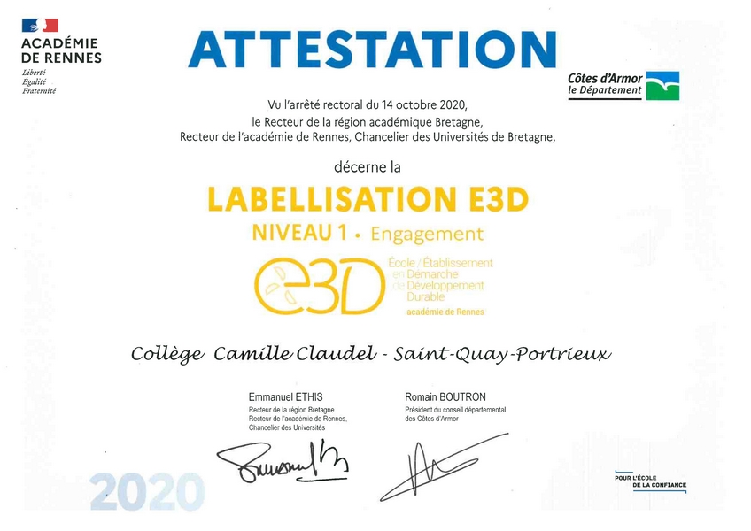 Obtention du label E3D ! - Collège Camille Claudel